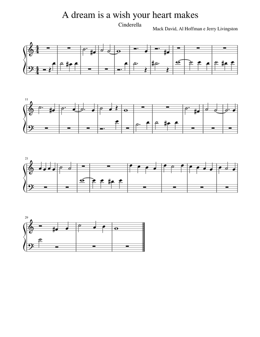 A dream is a wish your heart makes Sheet Music for Piano (Solo) Easy ...