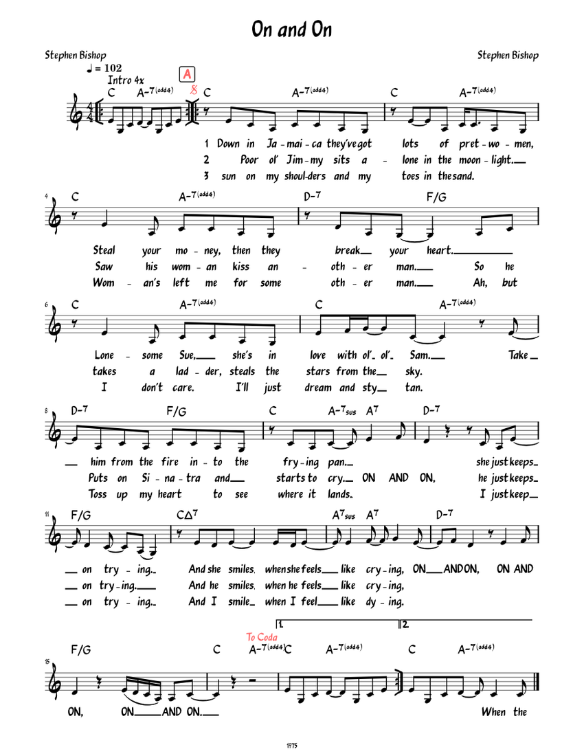 On and On (Lead sheet with lyrics ) Sheet Music with Chords for Piano ...