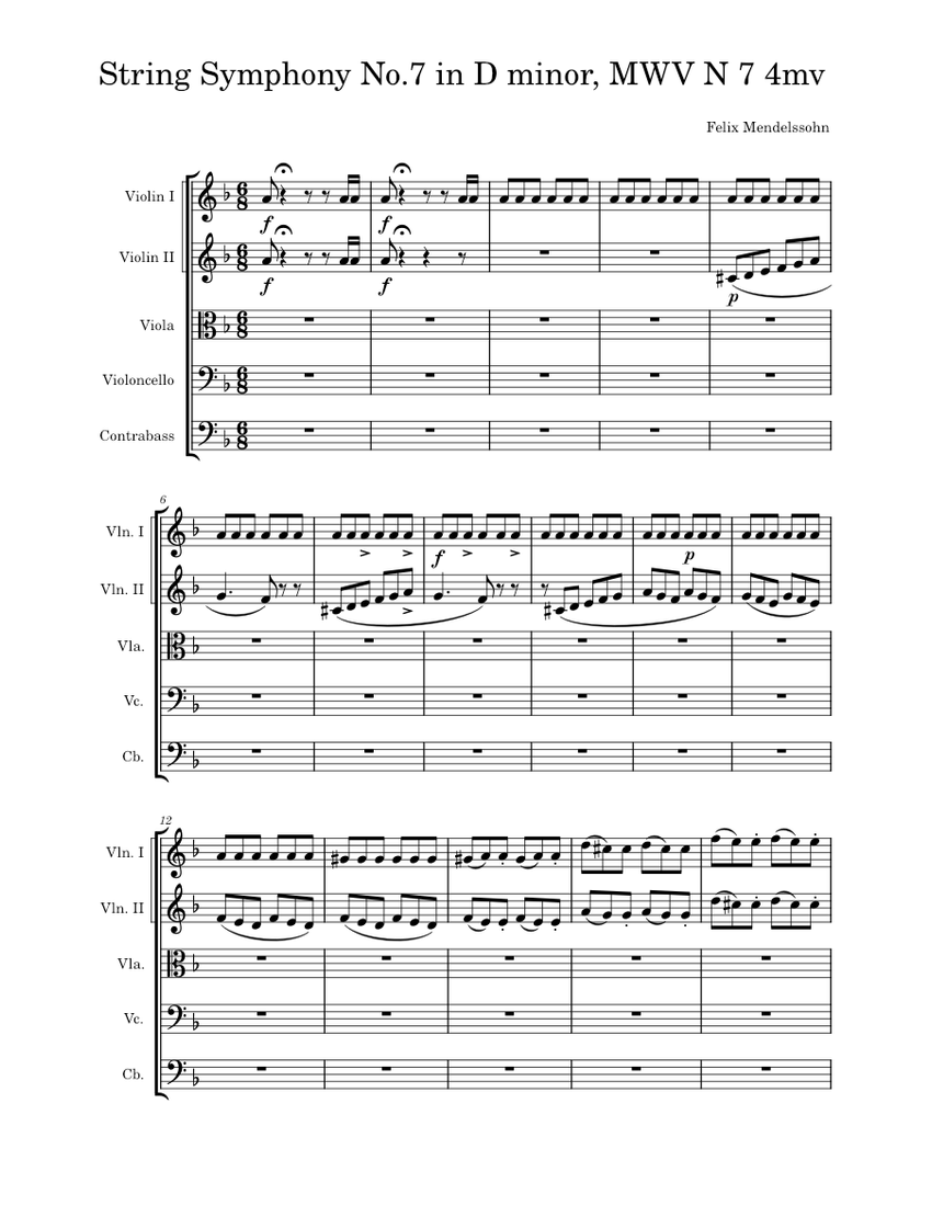 Mendelssohn String Symphony No7 4th mv Sheet music for Contrabass, Violin, Viola, Cello (String ...