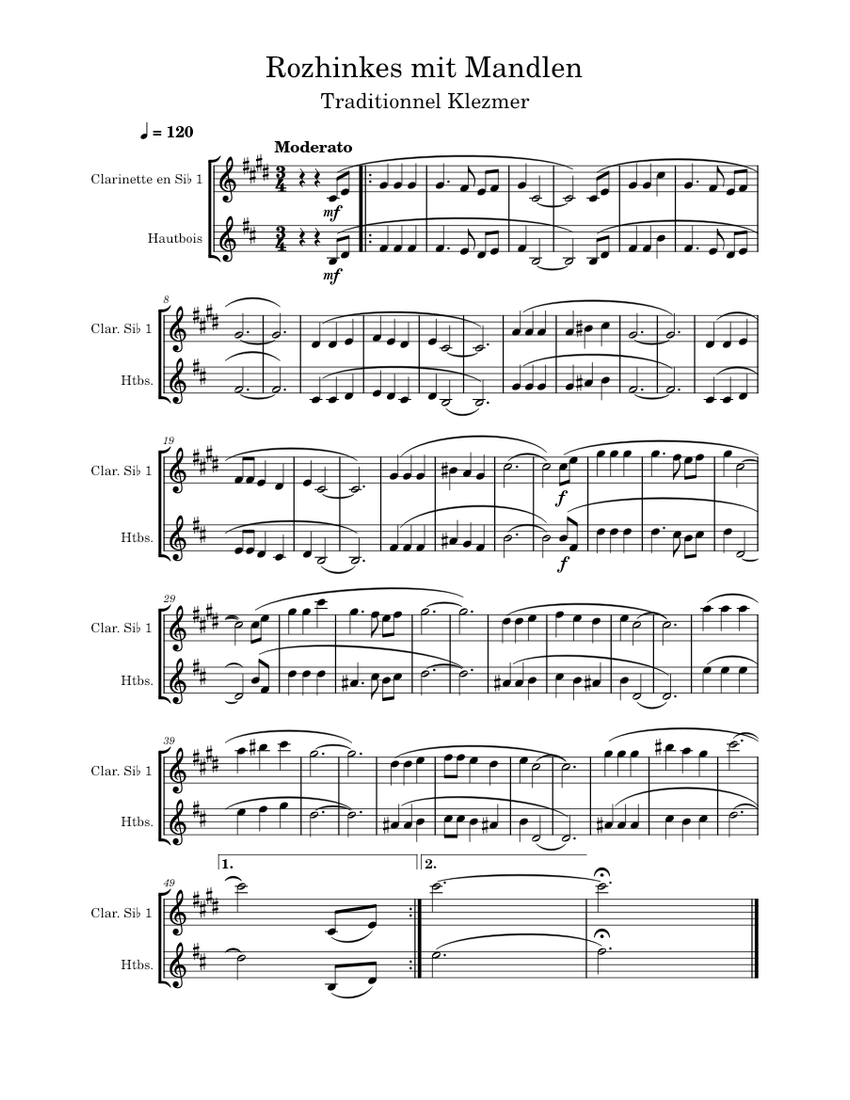 Rozhinkes_mit_Mandlen Sheet music for Oboe, Clarinet in b-flat ...