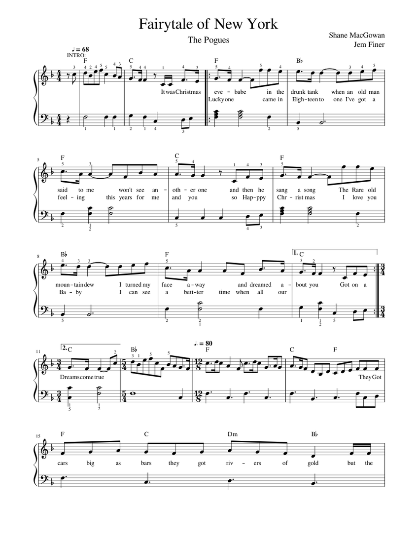 Fairytale of New York My Version Sheet Music with Chords for Piano ...