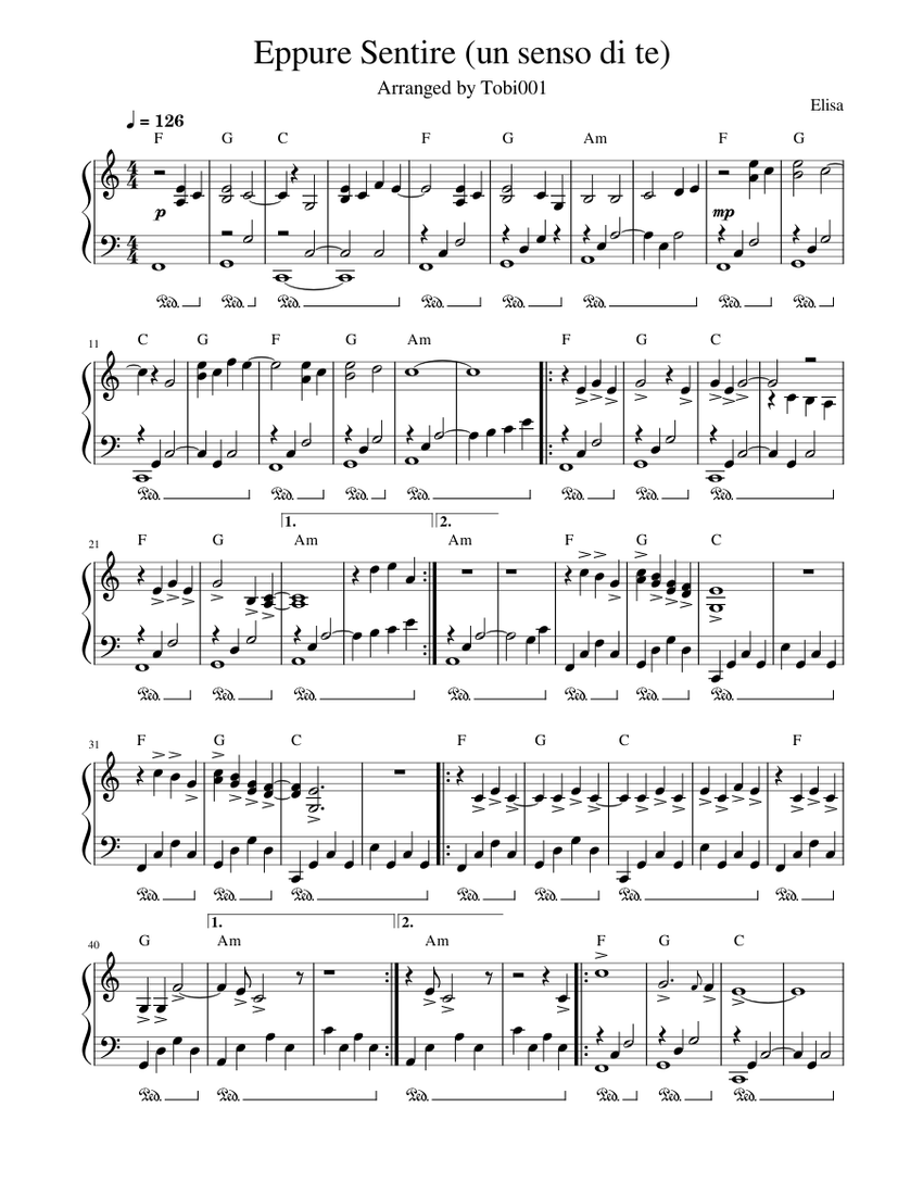 Eppure Sentire (Un senso di te) - Elisa Sheet Music with Chords for ...