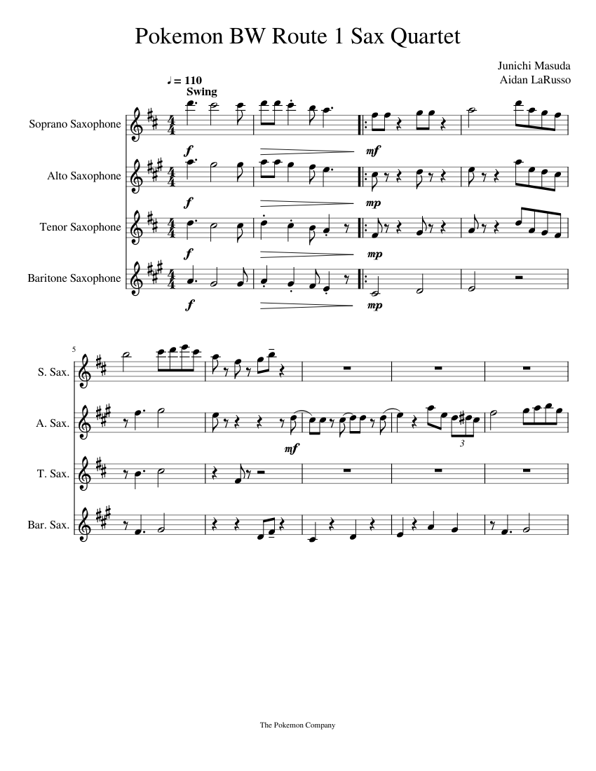 Pokemon BW Route 1 Sax Quartet thing Sheet music for Saxophone alto ...