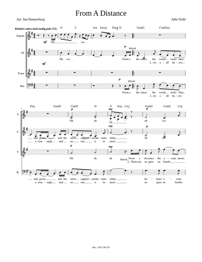 From a Distance Sheet music for Soprano, Alto, Tenor, Bass voice (SATB ...