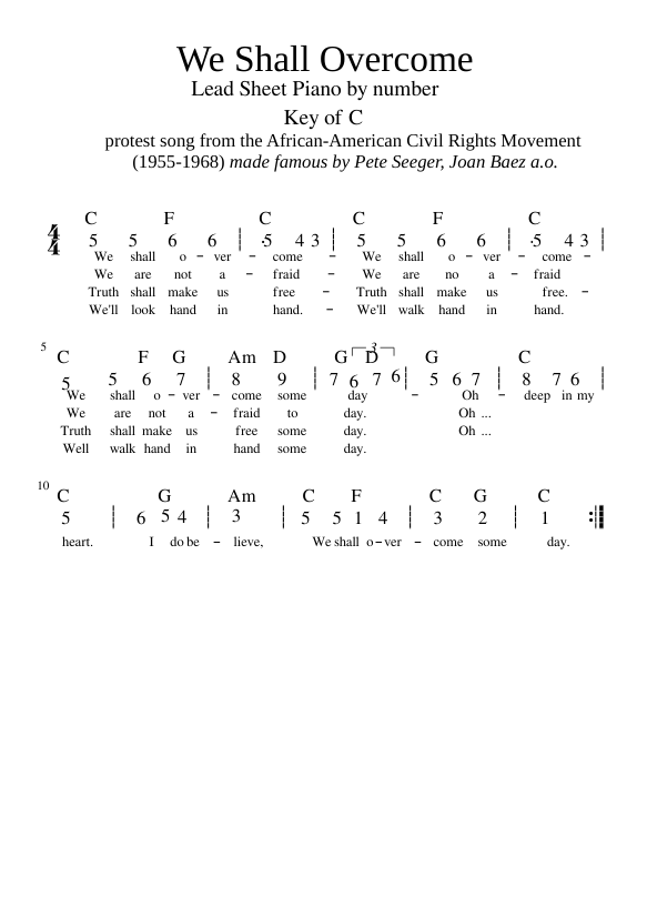 We Shall Overcome Piano by number Lead Sheet Sheet music for Piano ...