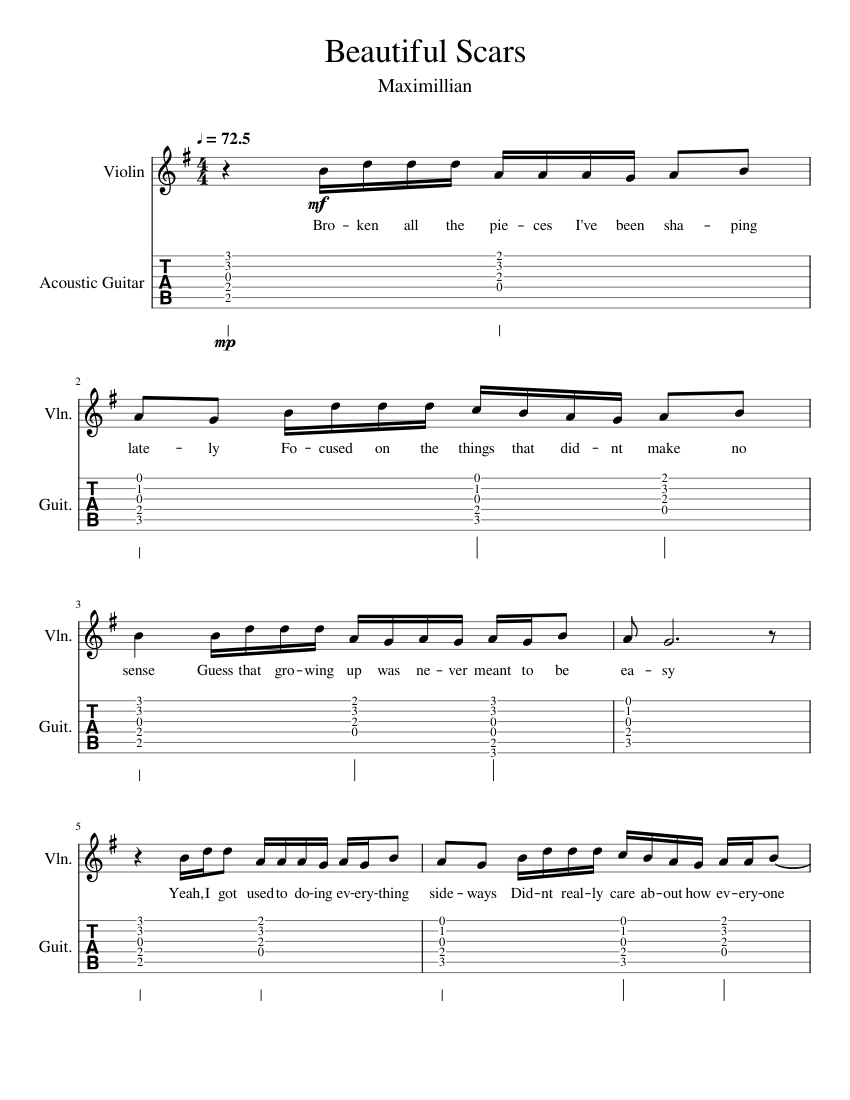 Beautiful Scars - Maximillian Sheet Music and Tab for Violin, Guitar ...