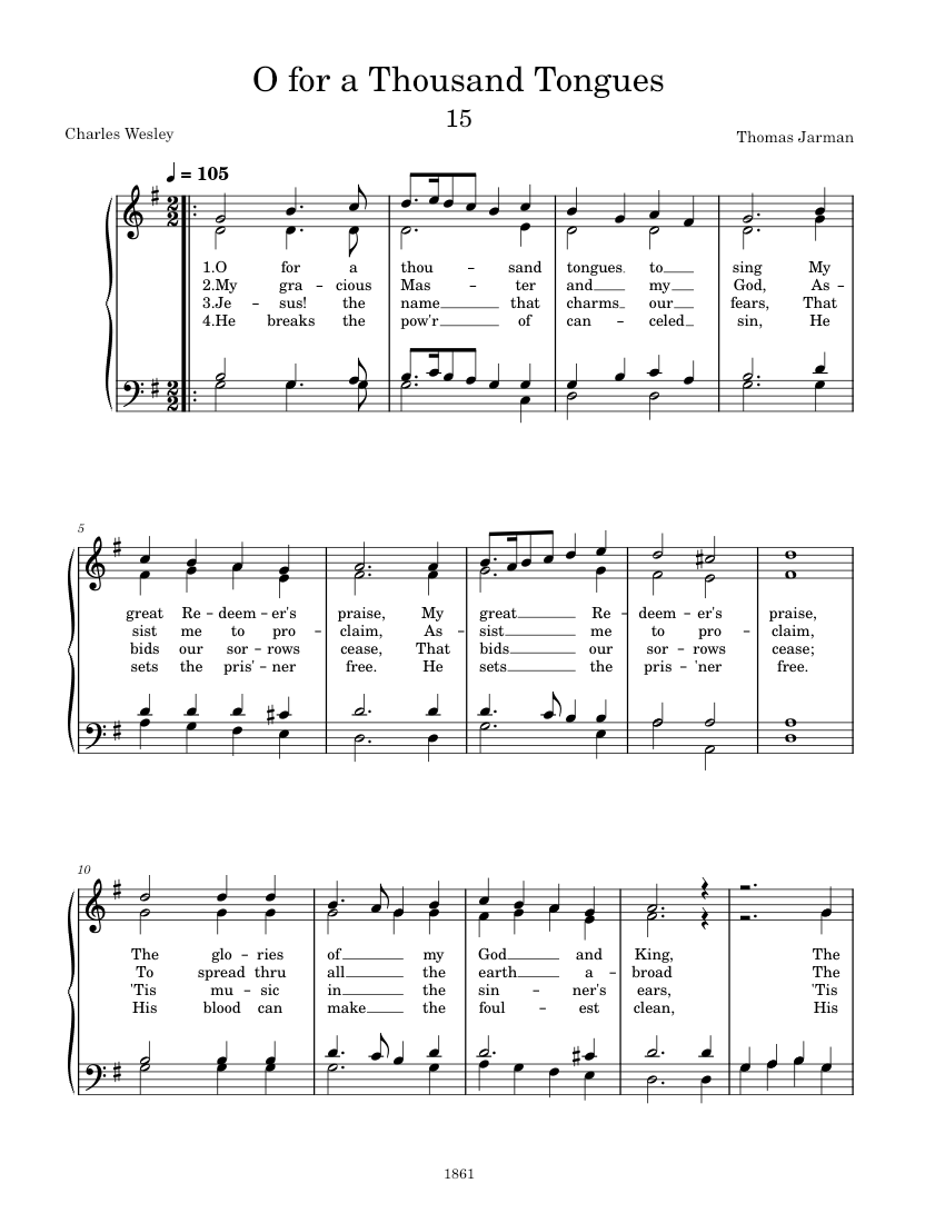 O for a thousand tongues to sing – Thomas Jarman Sheet music for Piano ...