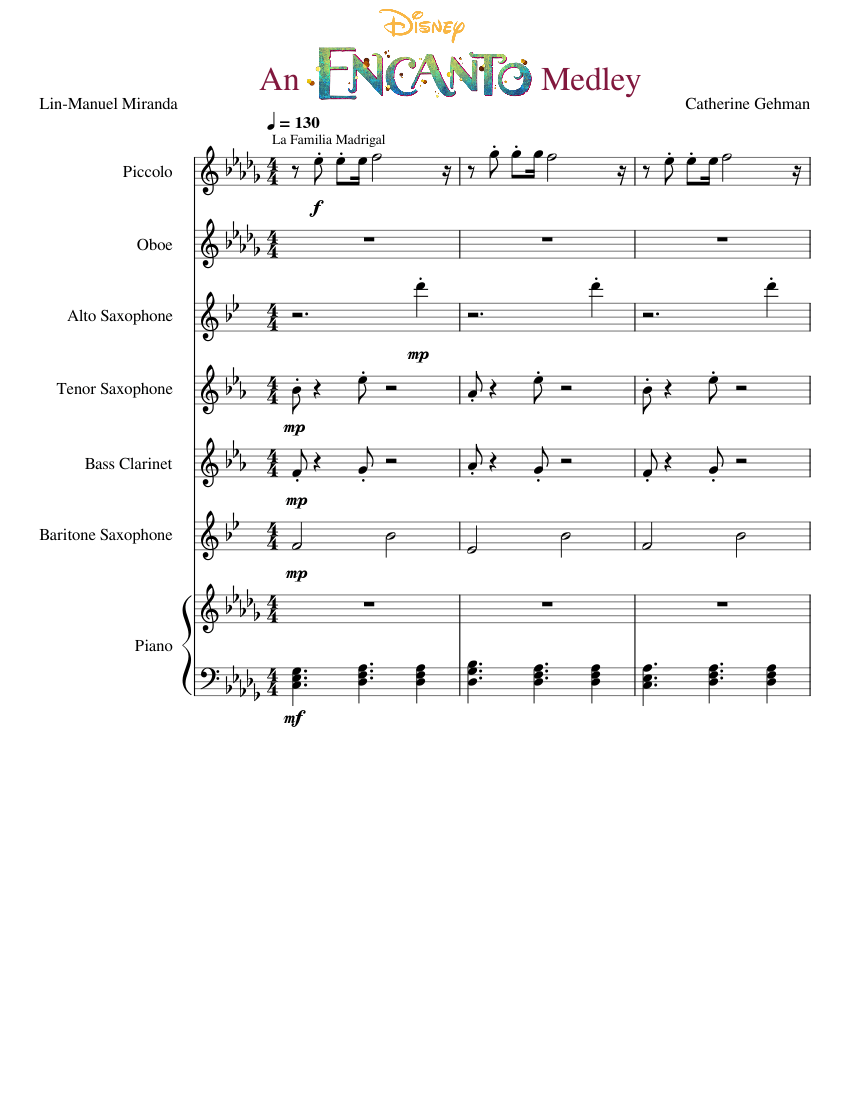 An Encanto Medley Sheet music for Piano, Flute piccolo, Oboe, Clarinet ...