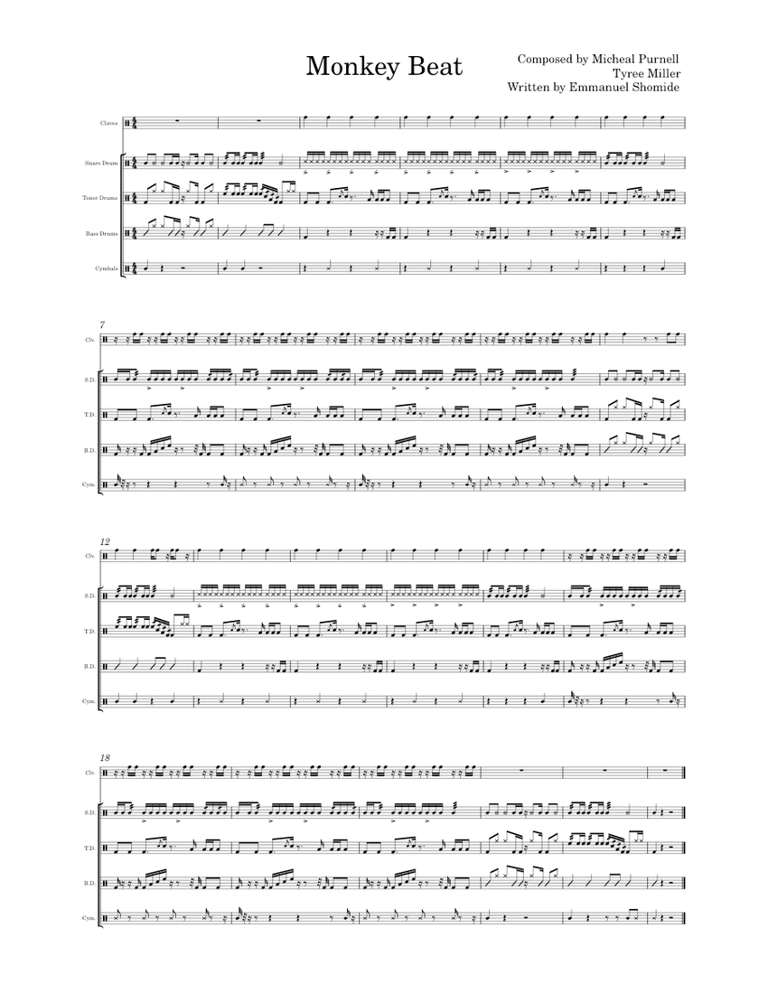 Monkey Beat - Tyreek Miller, Micheal purnell Sheet Music for Snare drum ...