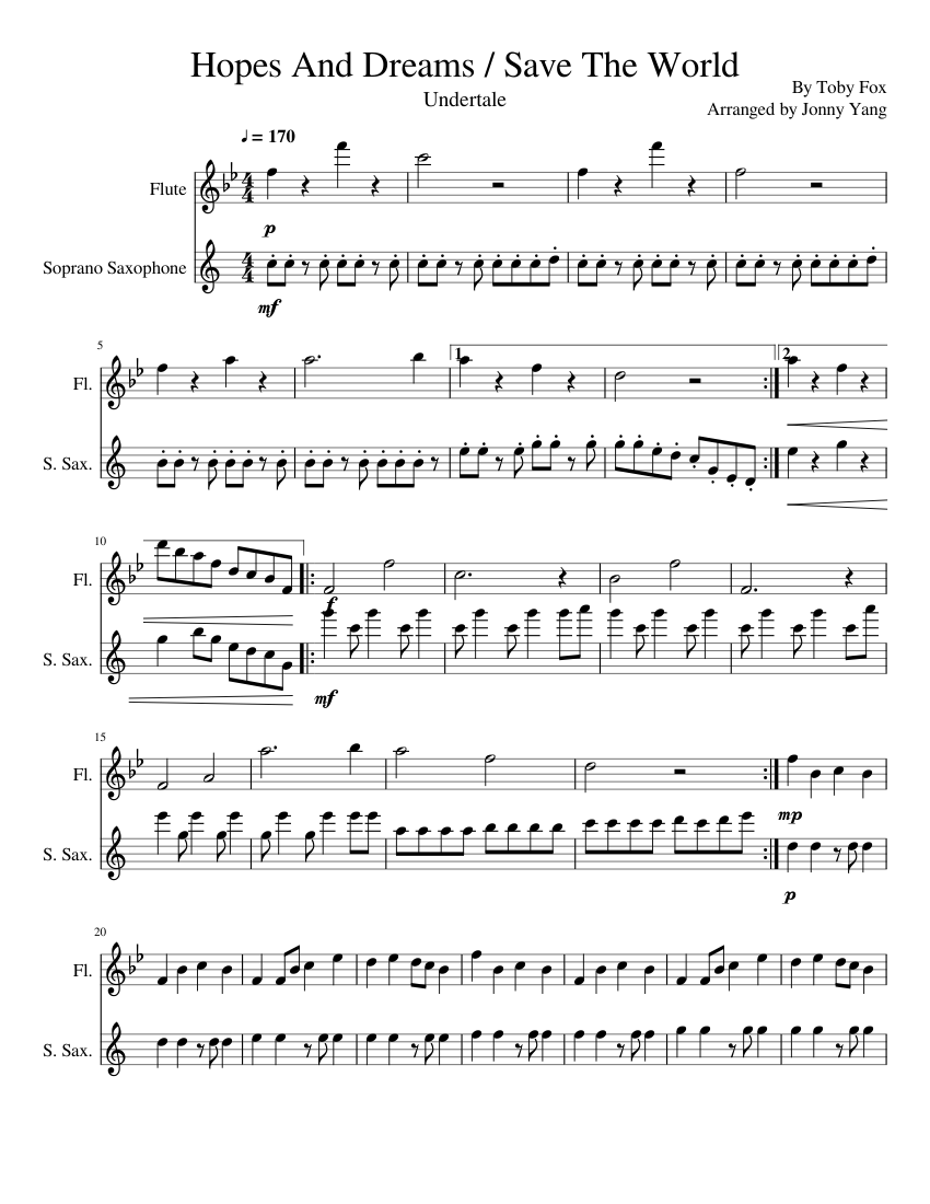 Hopes and Dreams / Save the world Soprano Sax + Flute duet - Undertale OST Sheet music for Flute ...