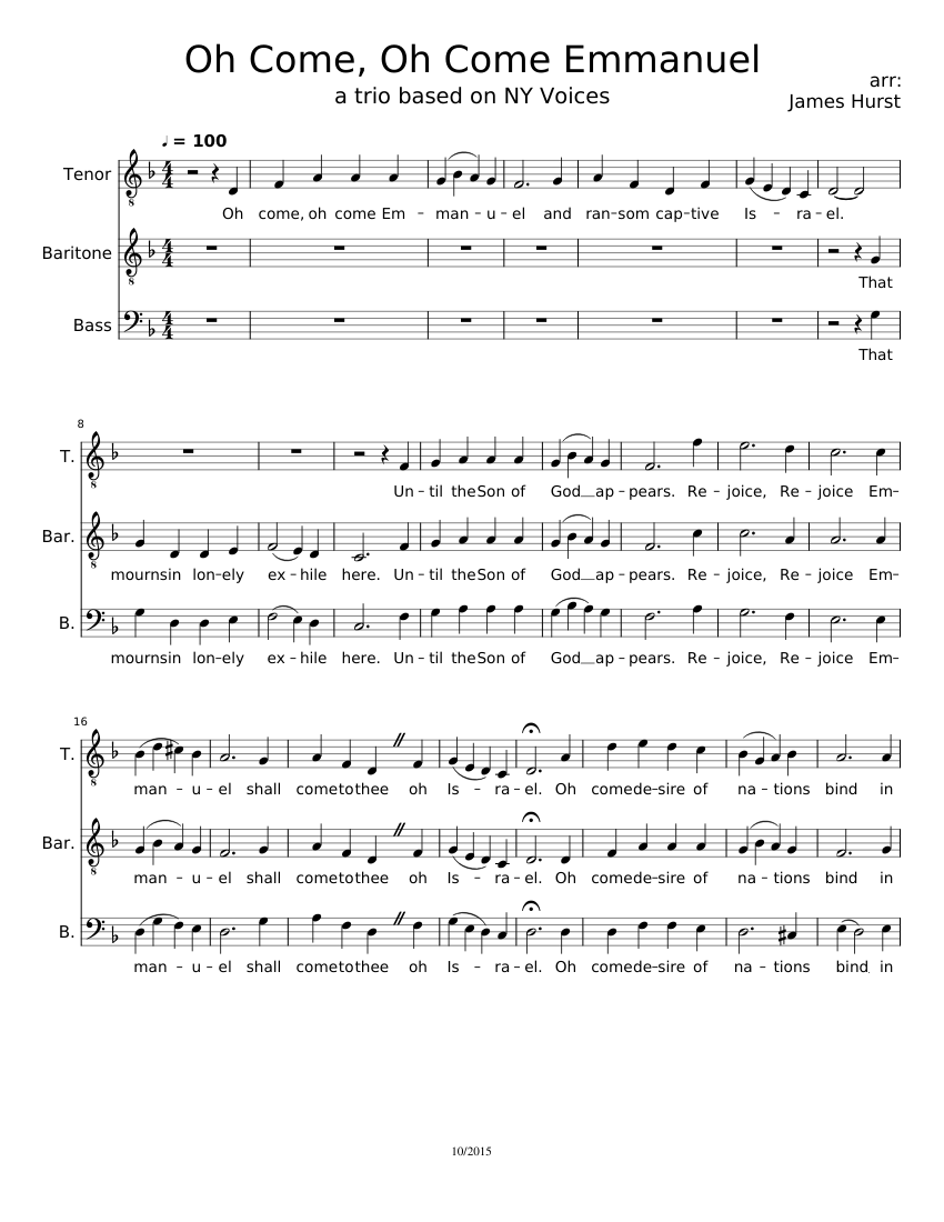 Oh Come, Oh Come Emmanuel Sheet Music for Tenor, Bass voice, Baritone ...