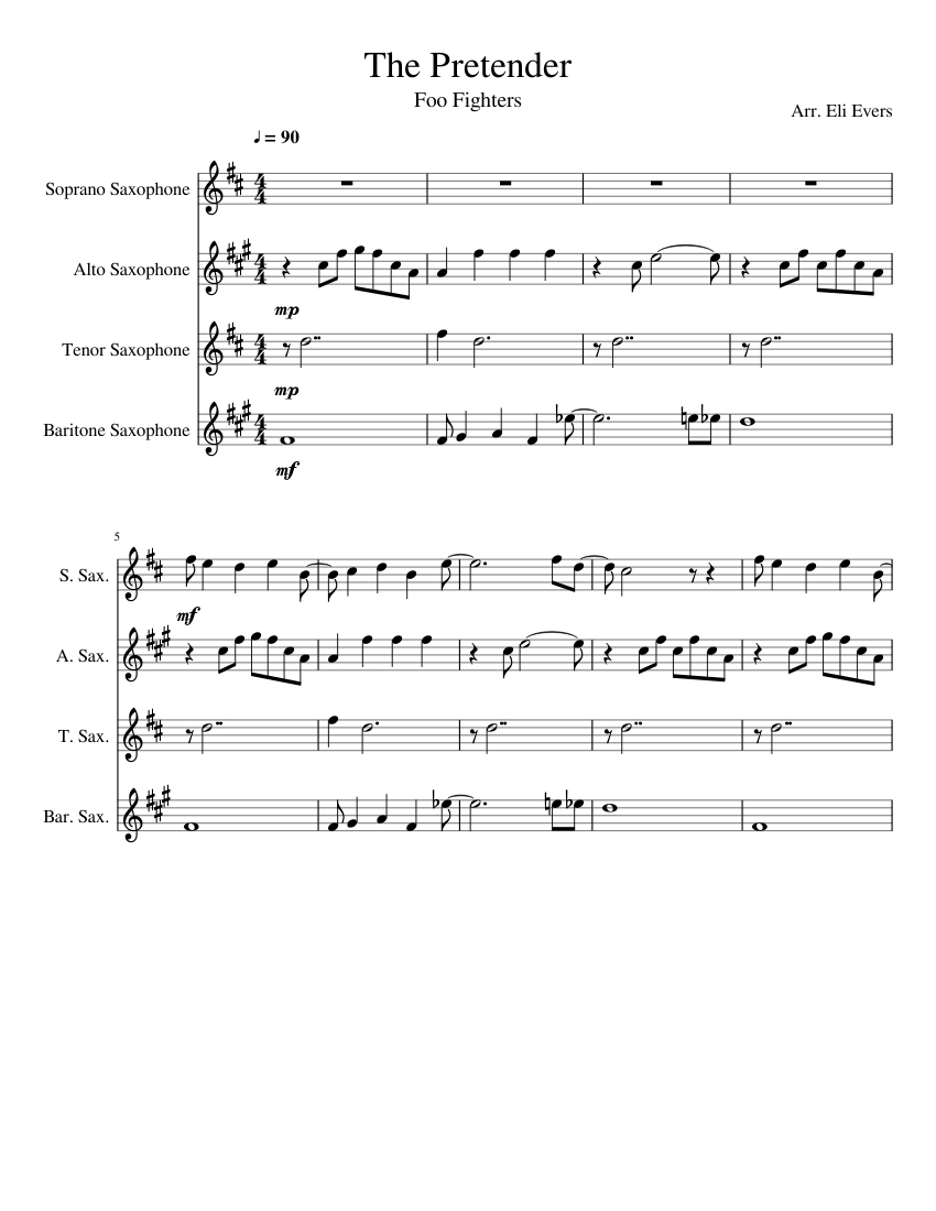 The Pretender Sheet Music for Saxophone alto, Saxophone tenor, Saxophone baritone, Saxophone ...