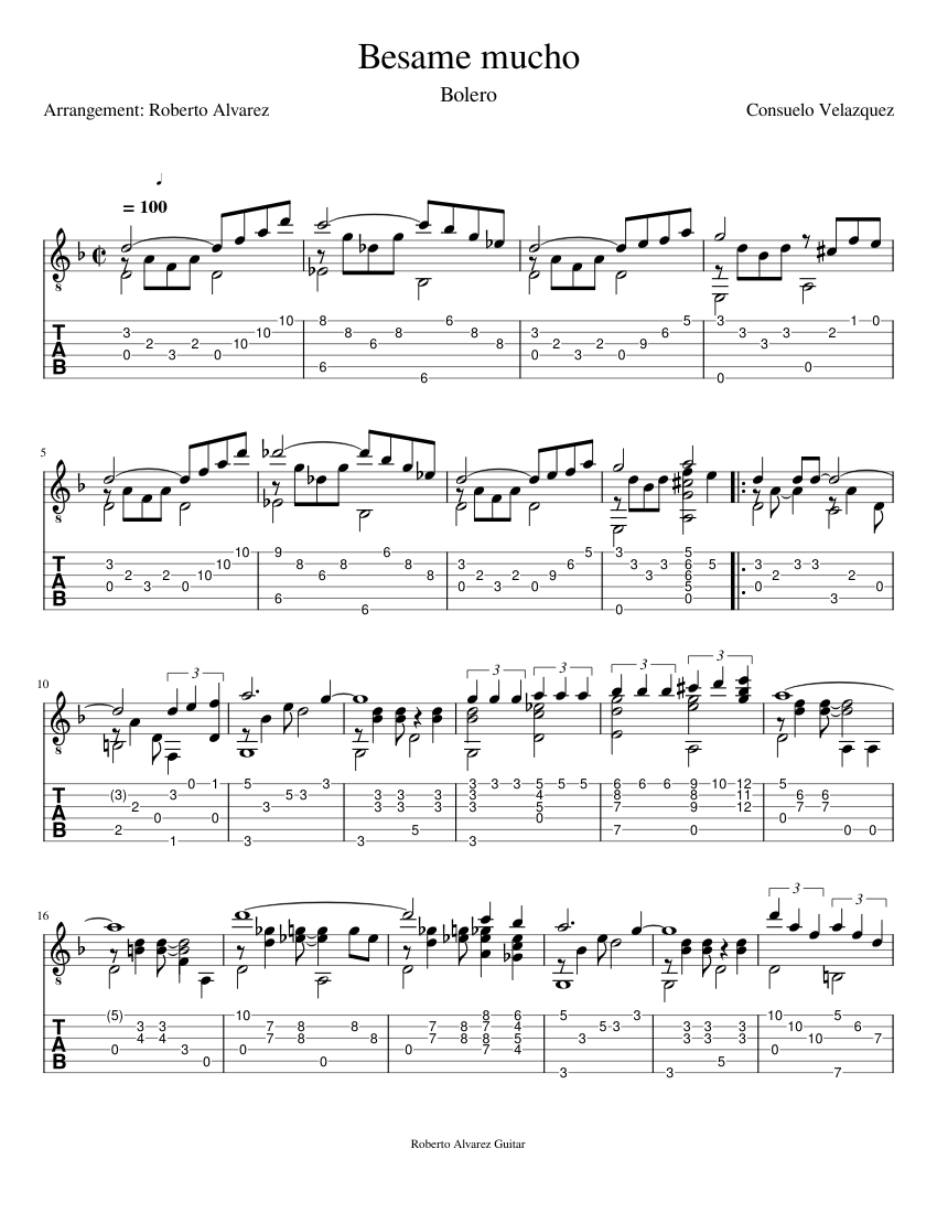 Besame mucho Sheet Music and Tab for Guitar (Solo) | MuseScore.com