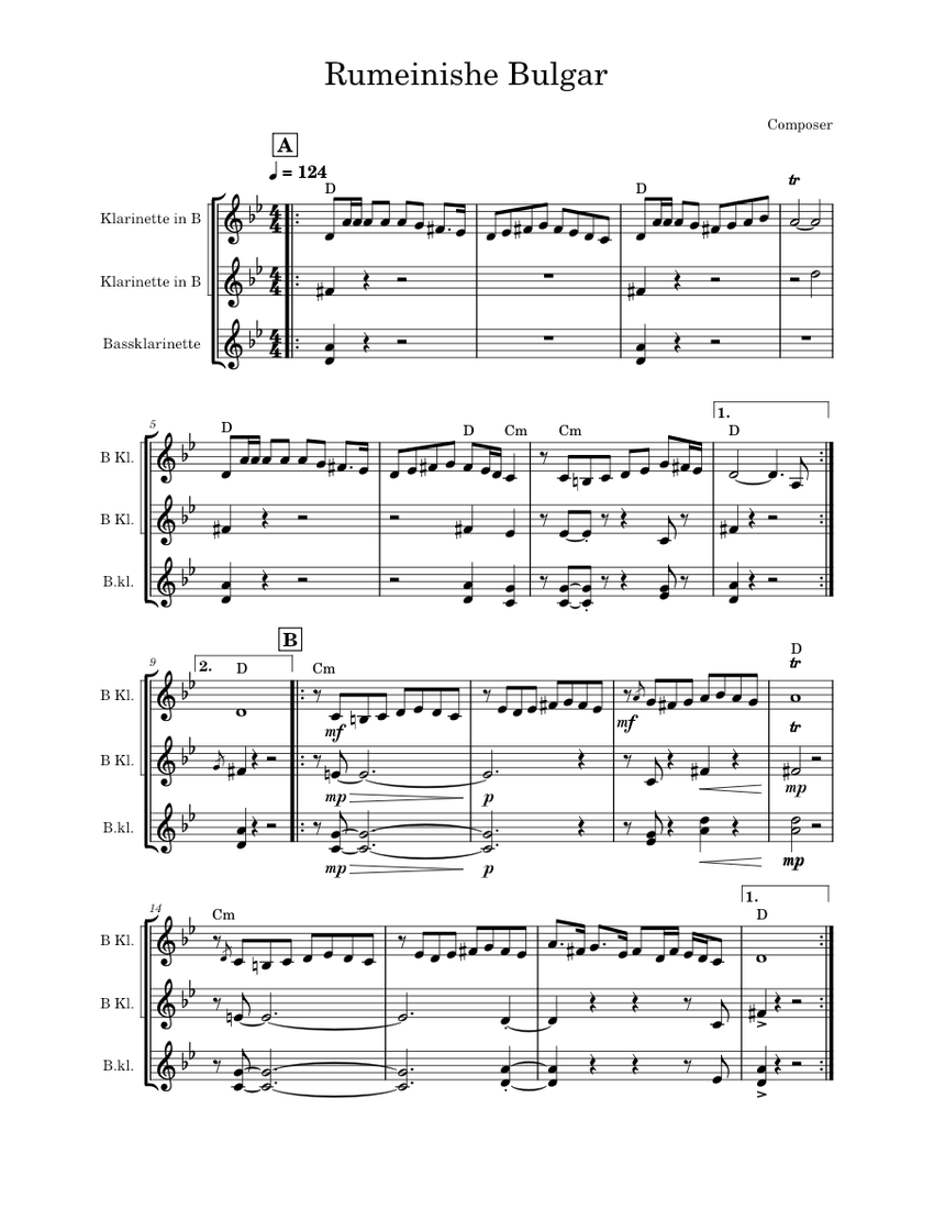 Rumeinishe Bulgar Sheet Music for Clarinet in b-flat, Clarinet bass ...