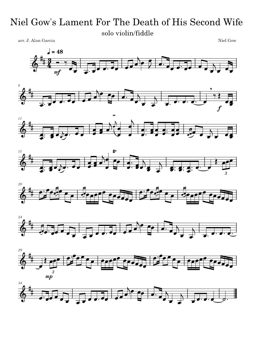 Niel Gow's Lament for the Death of His Second Wife – solo violin/fiddle Sheet Music for Violin ...
