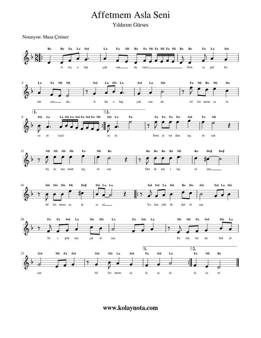 Affetmem Asla Seni Sheet Music for Piano (Solo) Easy | MuseScore.com