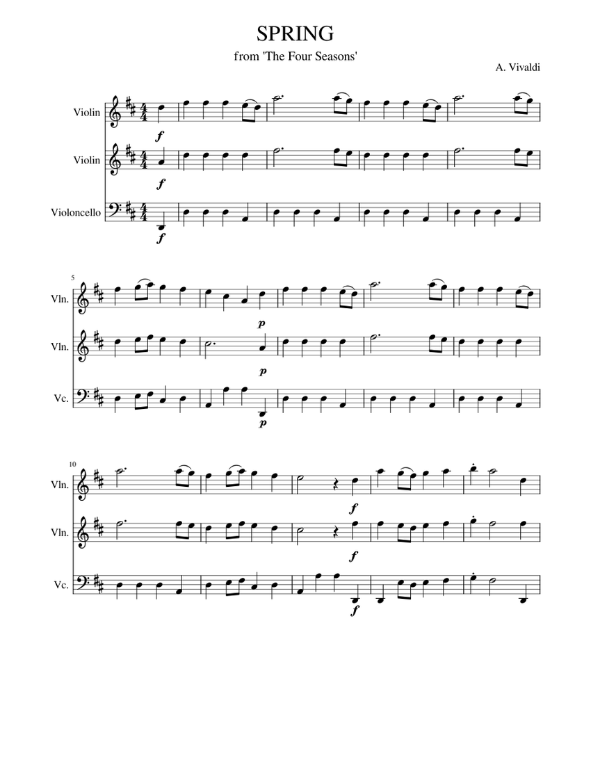 SPRING - FOUR SEASON Trio (2 Violins & Cello) - EASY Sheet Music for ...