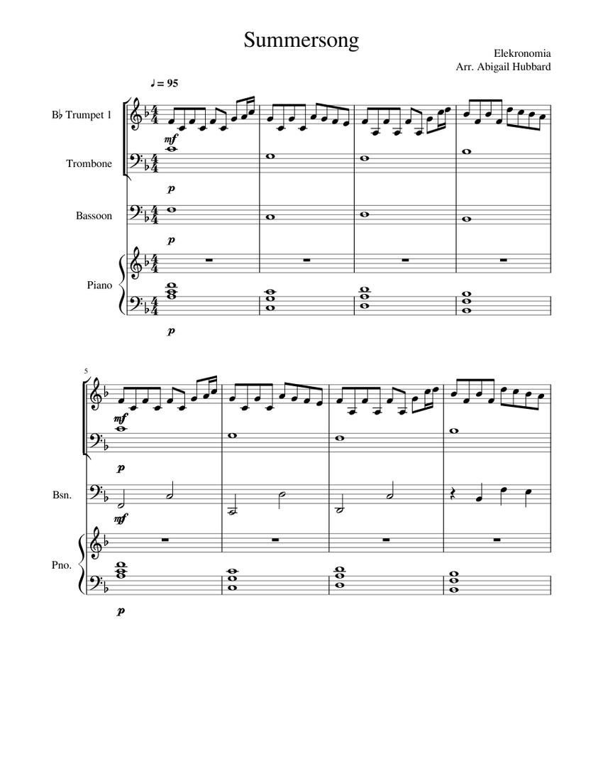 Summersong - Elekronomia Sheet music for Piano, Trombone, Bassoon ...