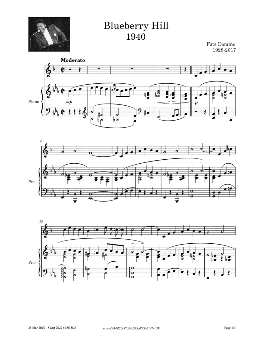 Blueberry Hill – Fats Domino Sheet music for Piano, Clarinet other ...
