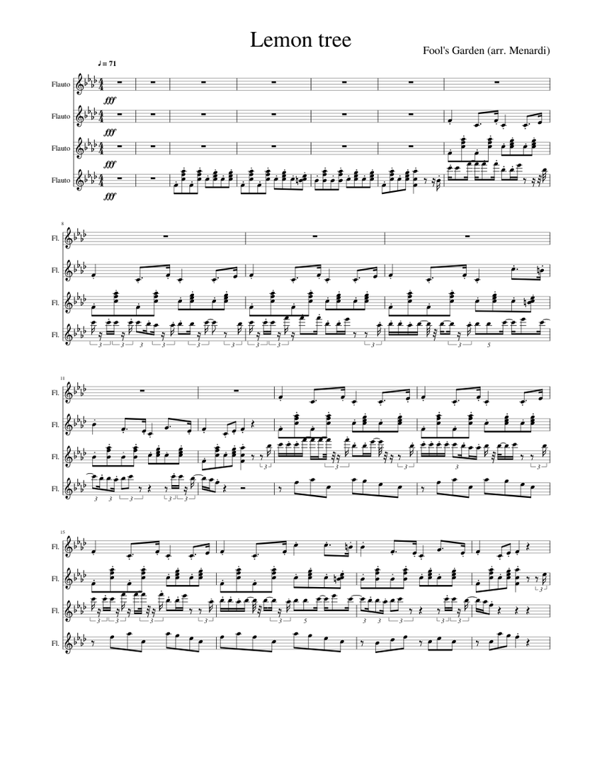 Lemon tree – Fool's Garden (flute quartet and base) Sheet Music for ...
