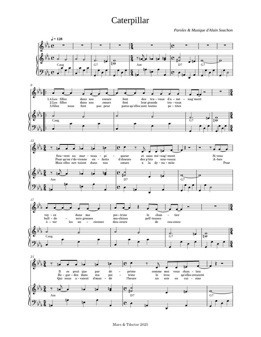 Caterpillar – Alain Souchon Alain Souchon Caterpillar Sheet music for ...