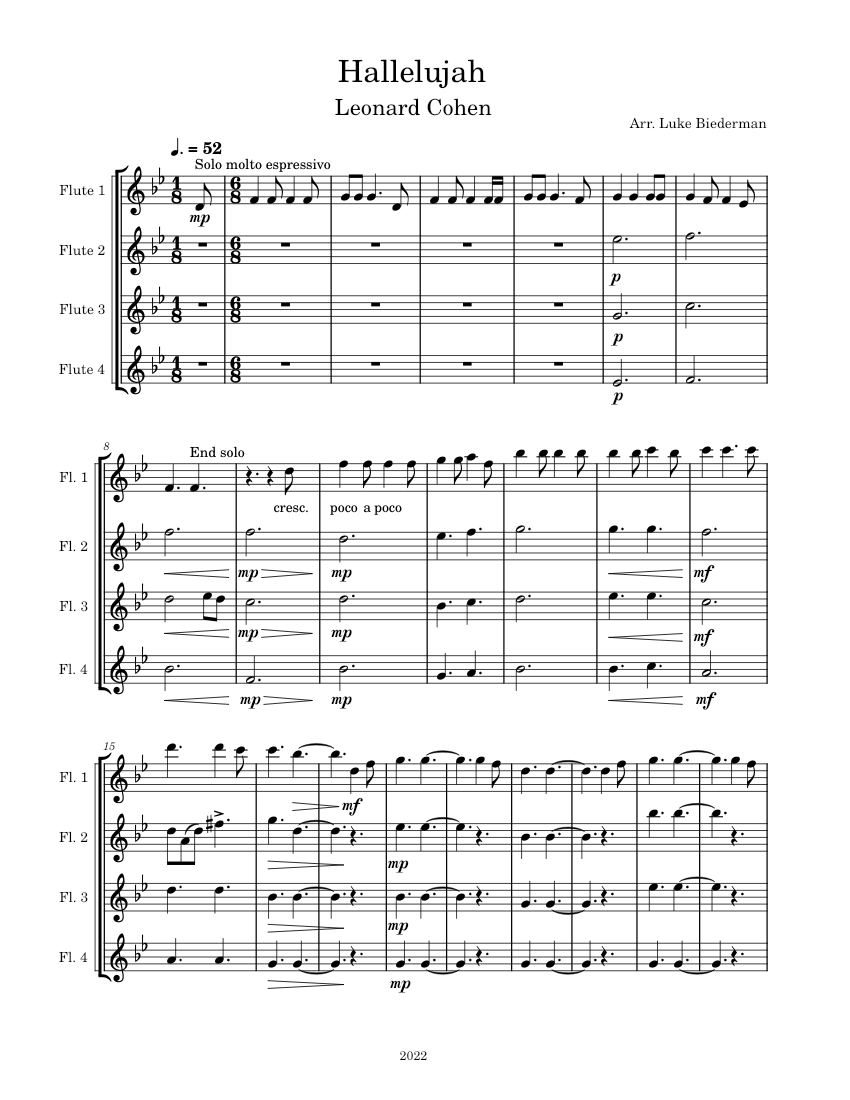 Hallelujah - Flute Quartet Sheet Music for Flute (Mixed Quartet) | MuseScore.com