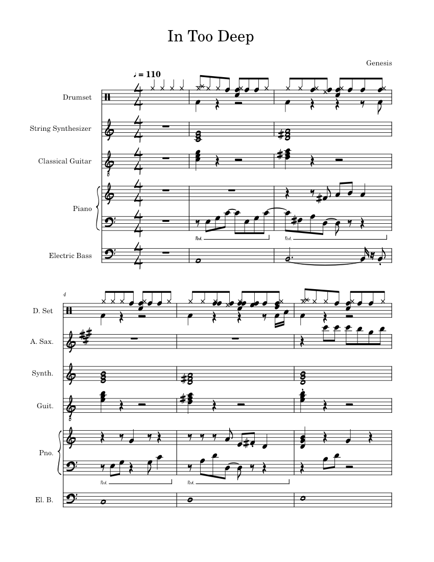 In Too Deep – Genesis Sheet Music for Piano, Saxophone alto, Guitar ...
