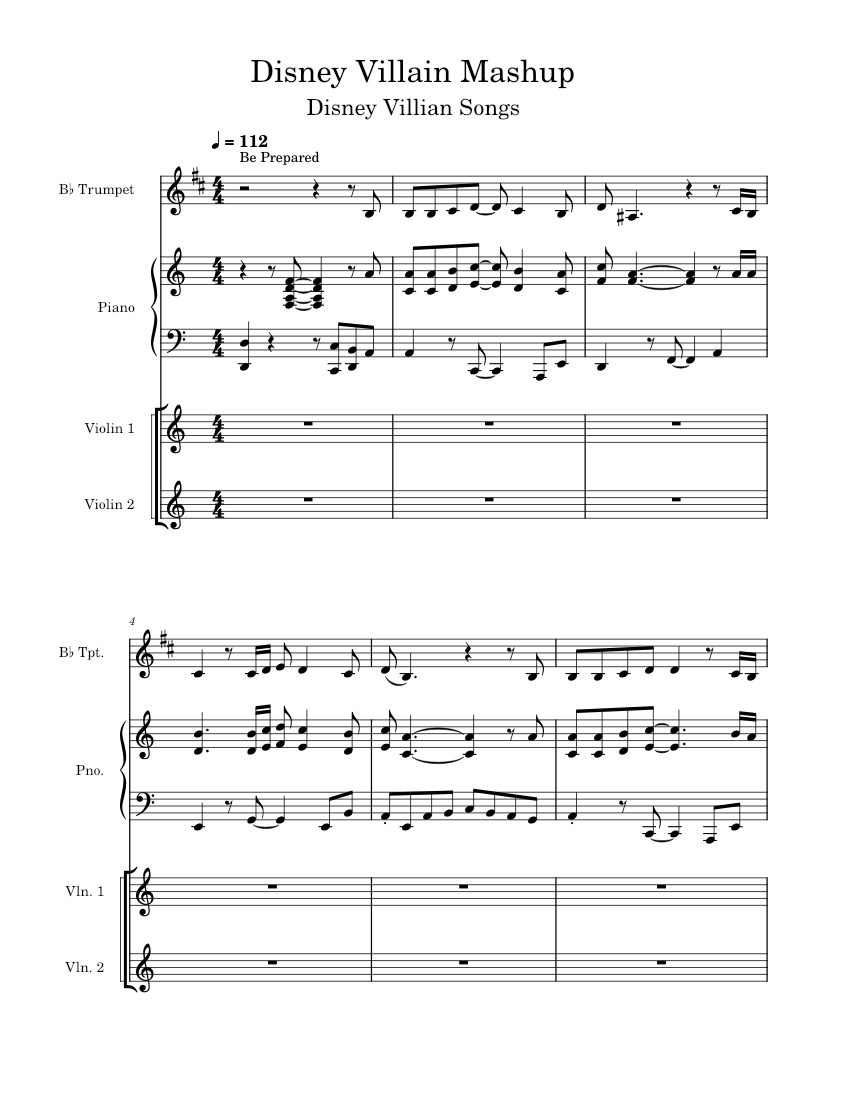 Disney Villain Medley Sheet music for Piano, Trumpet in b-flat, Violin ...
