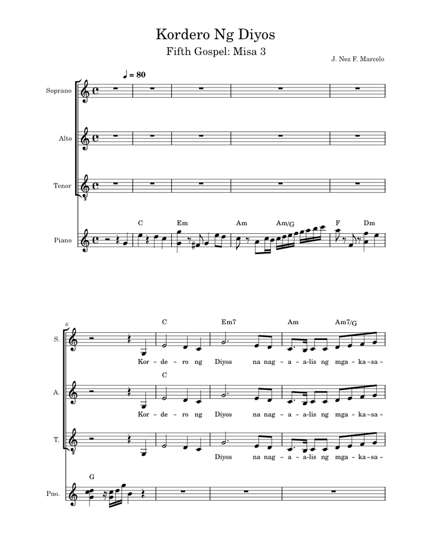 Kordero Ng Diyos Fifth Gospel: Misa 3 - J. Nez F. Marcelo Sheet Music ...