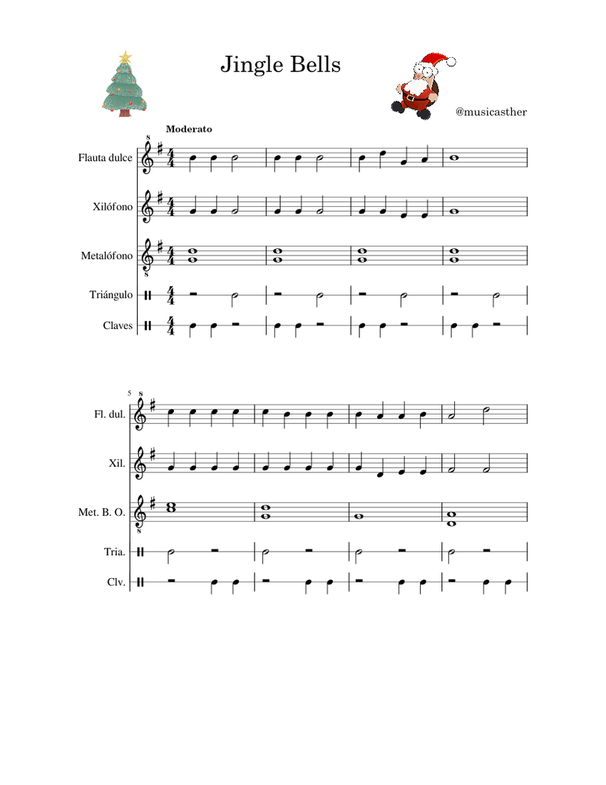 Jingle Bells Sheet music for Xylophone, Recorder, Triangle, Claves ...