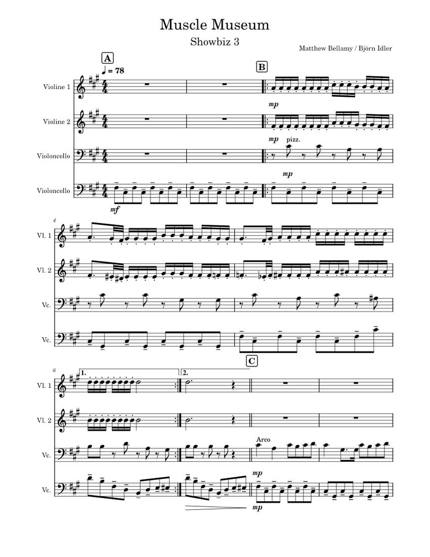 Muse - Muscle Museum Sheet Music for Violin, Cello (String Quartet ...