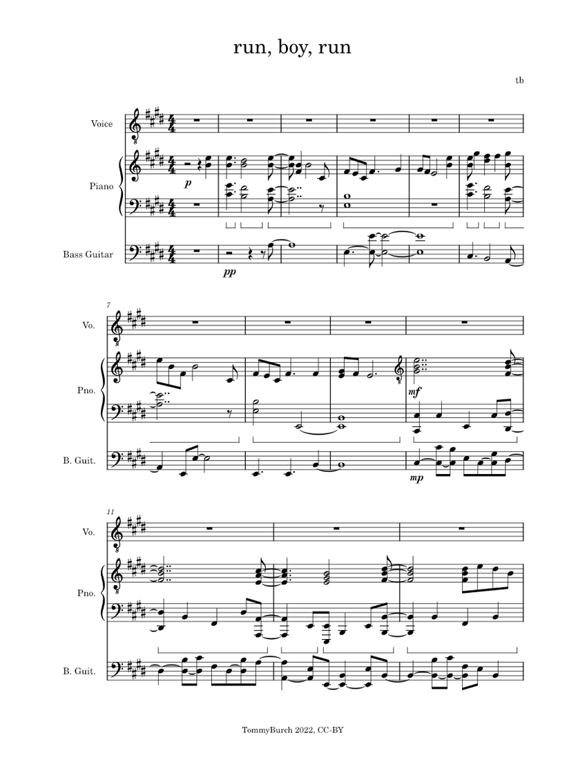 run, boy, run Sheet music for Piano, Vocals, Bass guitar (Piano Quintet ...