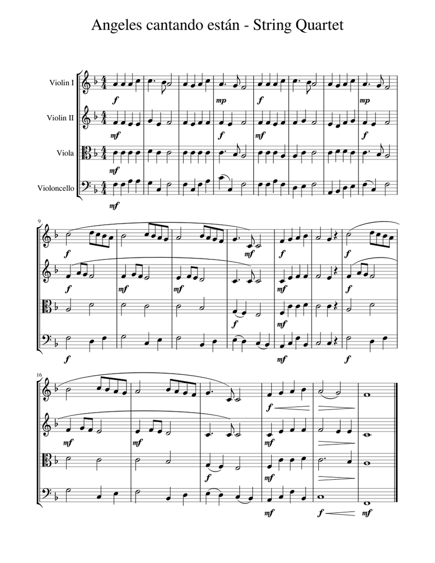 Angeles Cantando Están - String Quartet - piano tutorial