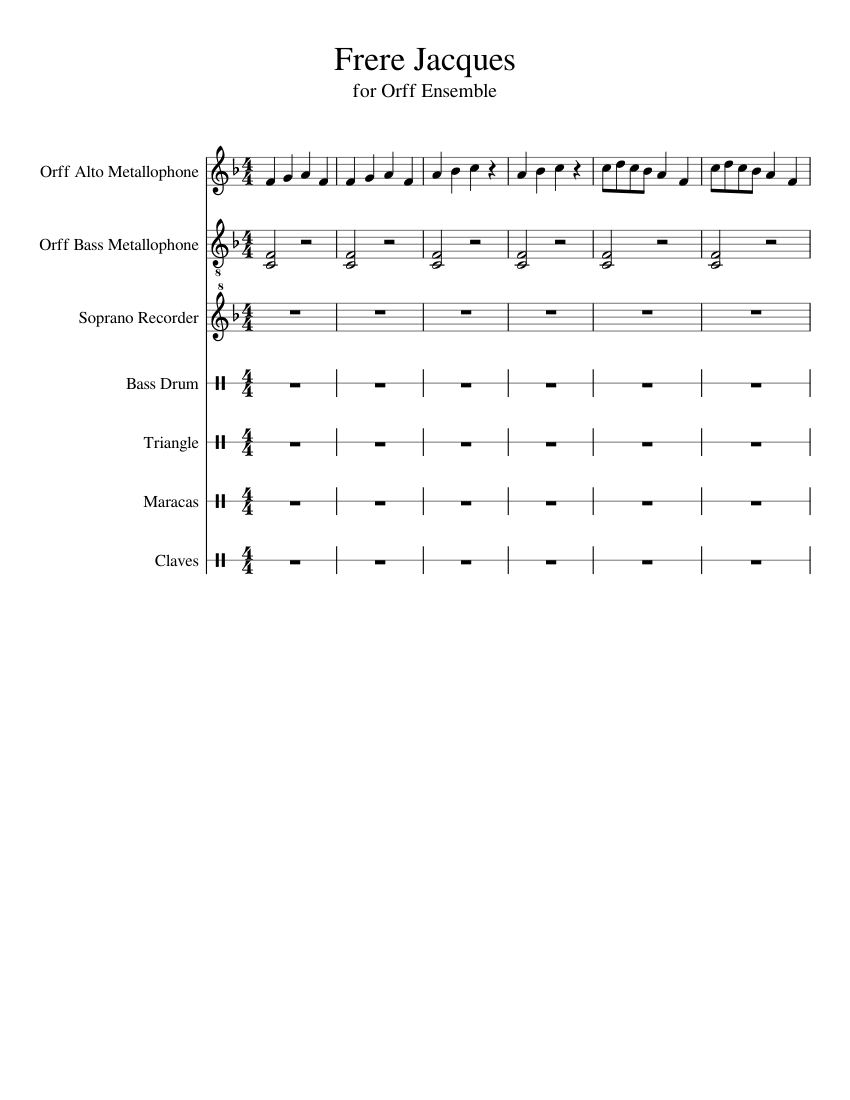 Frere Jacques – Orff Arrangement Sheet Music for Bass drum, Recorder ...