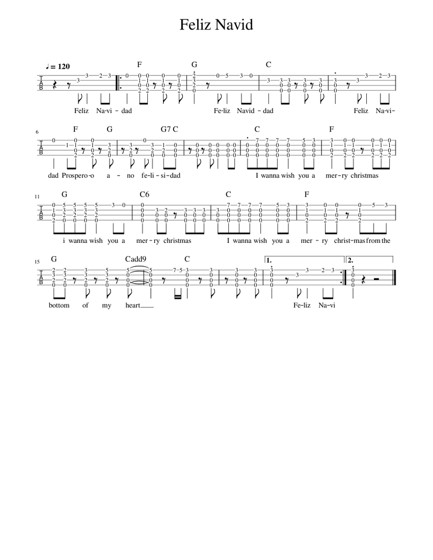 Feliz Navidad Sheet Music and Tab with Chords for Ukulele (Solo ...