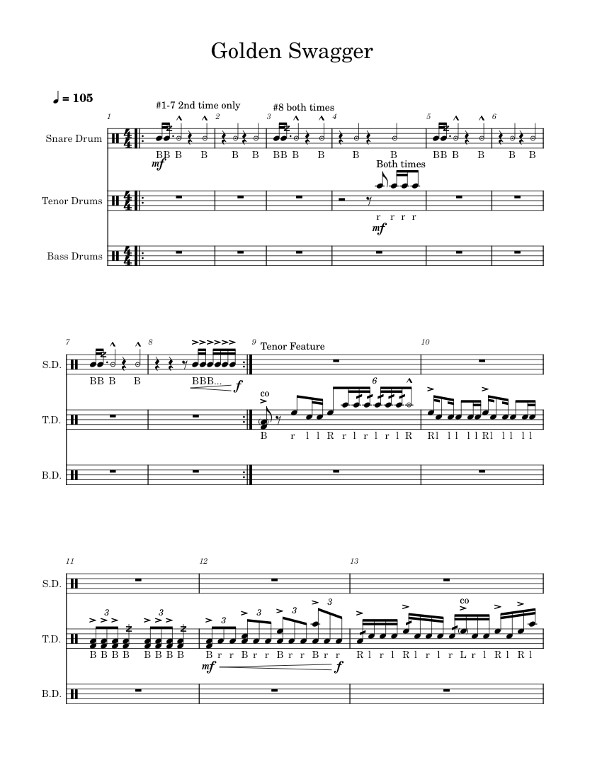 GOLDEN SWAGGER Battery Sheet Music for Snare drum, Tenor drum, Bass ...