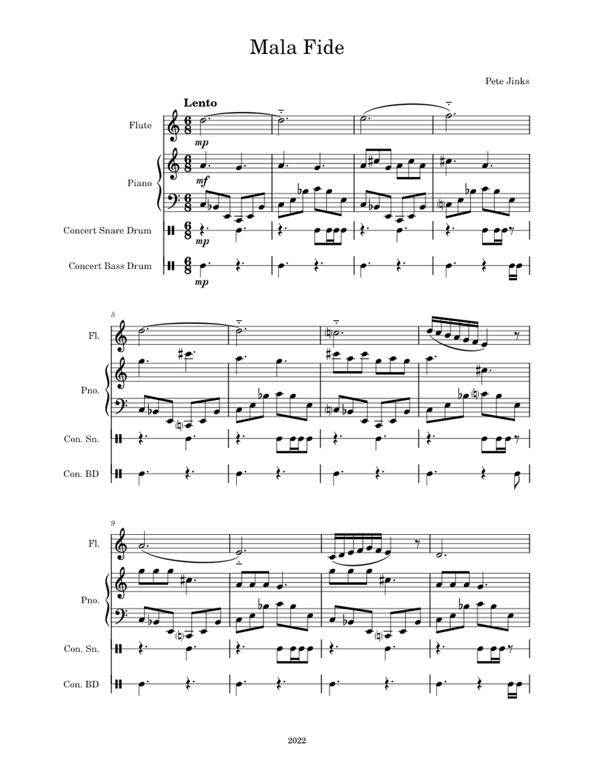 Mala Fide - Pete Jinks Sheet music for Piano, Flute, Snare drum, Bass ...
