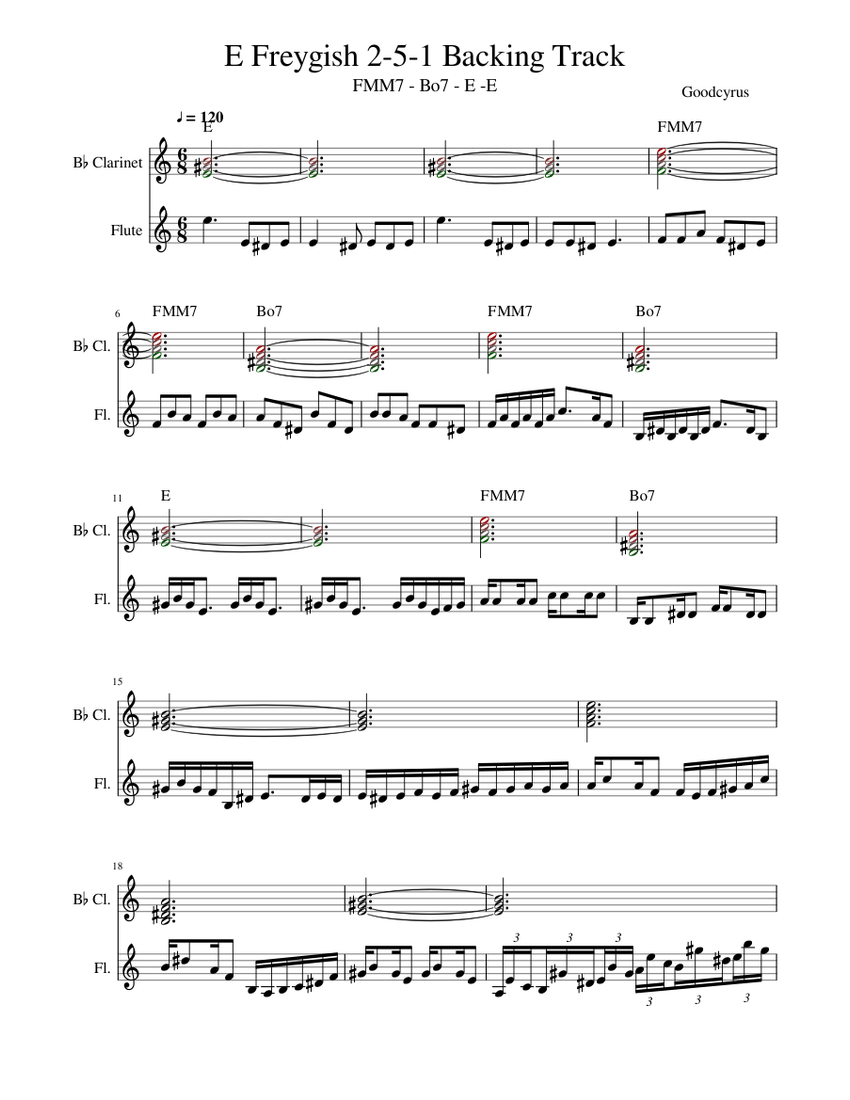 Bb 2-5-1 Backing Track Double Harmonic Scale in E for Bb Clarinet Sheet ...