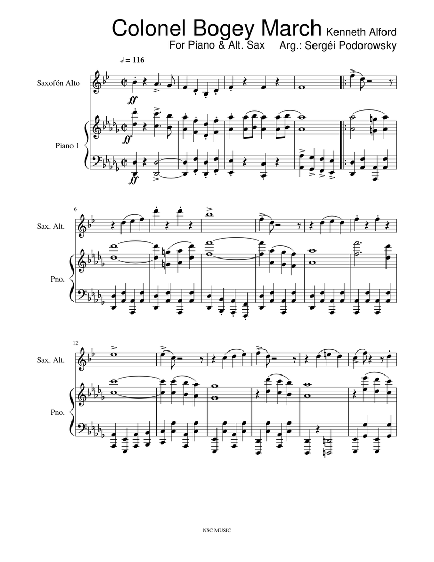 Colonel Bogey March for Piano & Sax. Alt. Sheet music for Piano ...