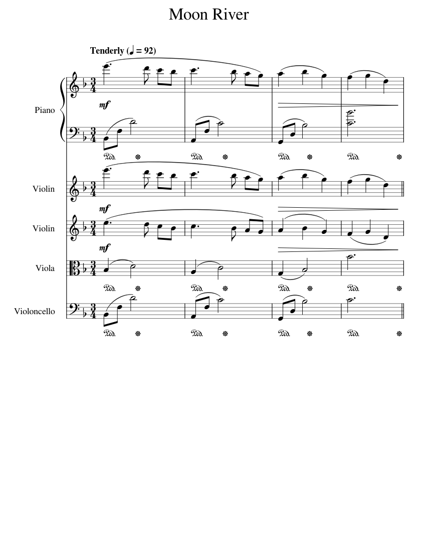 Moon River Sheet Music for Piano, Violin, Viola, Cello (String Quartet ...
