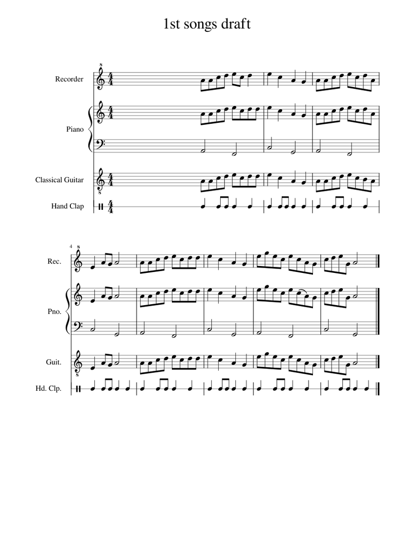 1st songs draft Sheet music for Piano, Guitar, Recorder, Hand clap ...