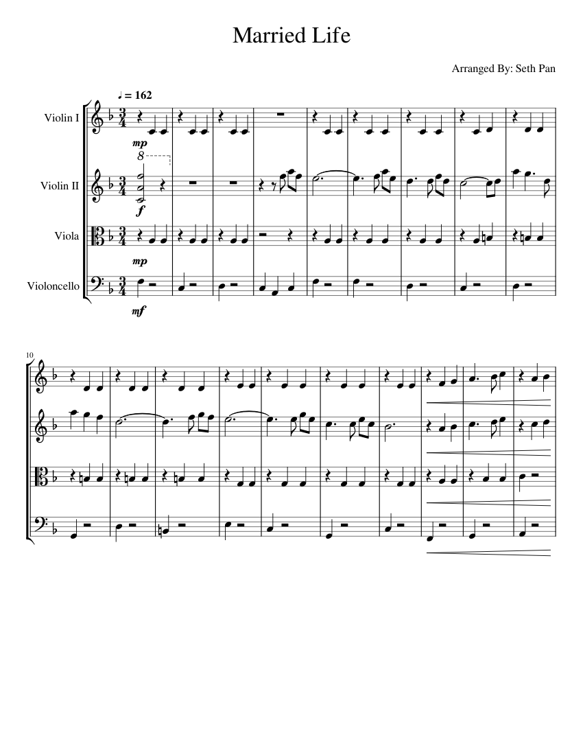 Married Life Sheet Music for Violin, Viola, Cello (String Quartet ...