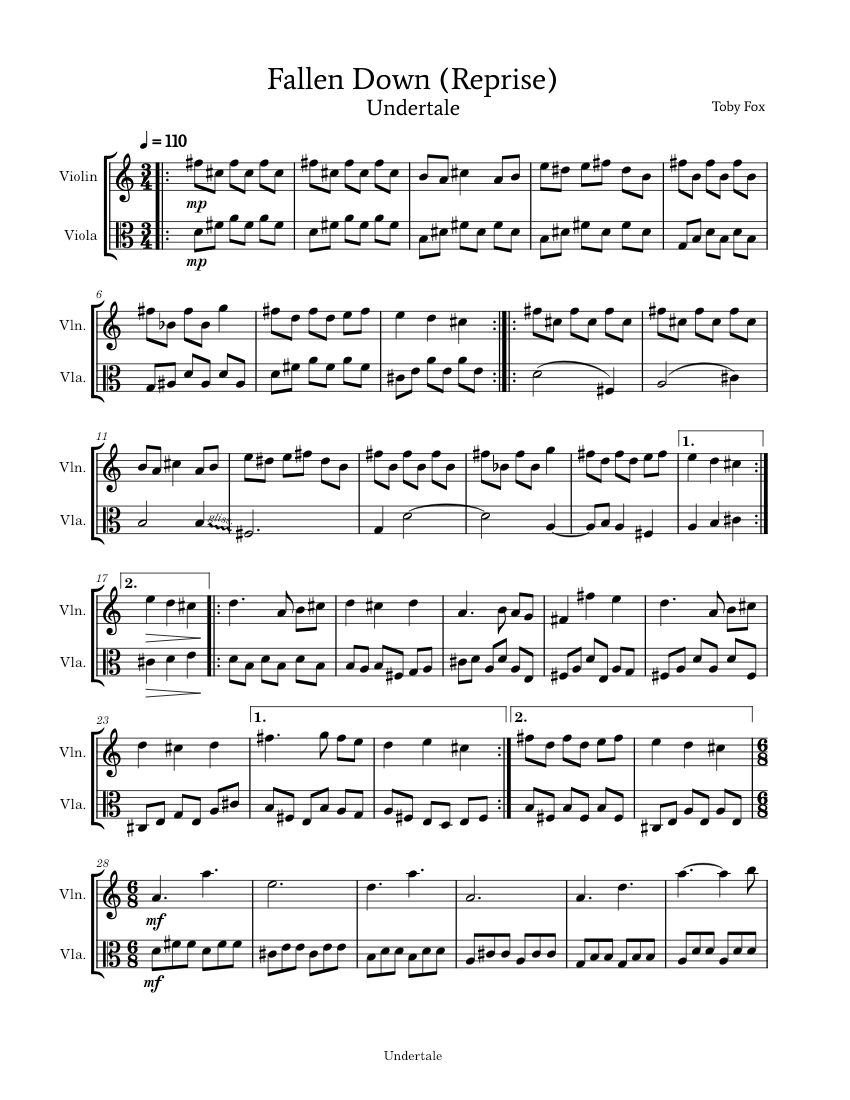 Fallen Down (Reprise) Sheet Music for Violin, Viola (String Duet ...