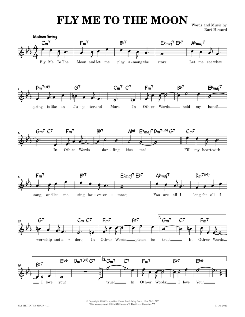 Fly Me To The Moon [lead sheet - Eb] Sheet Music with Chords for Piano (Solo) Easy | MuseScore.com