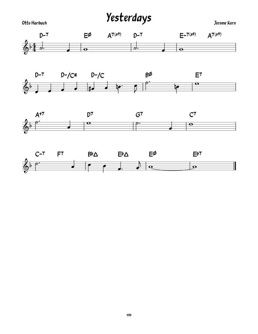 Yesterdays Sheet Music with Chords for Piano (Solo) easy | MuseScore.com