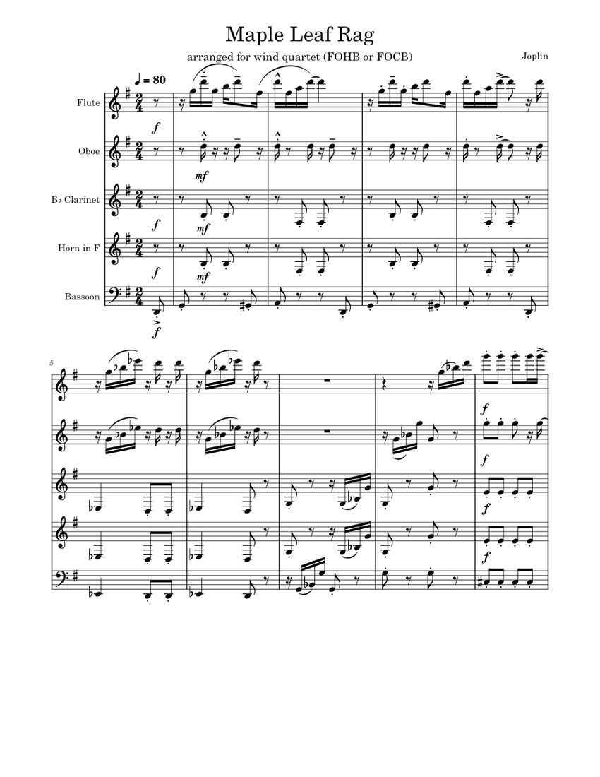 Maple leaf rag – Scott Joplin Sheet Music for Flute, Oboe, Clarinet in ...