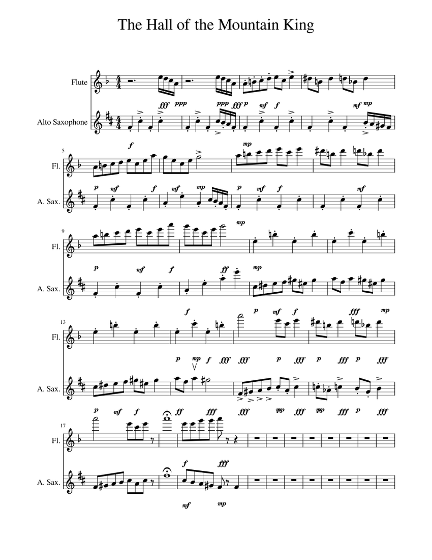 The Hall of the Mountain King Sheet music for Flute, Saxophone alto ...