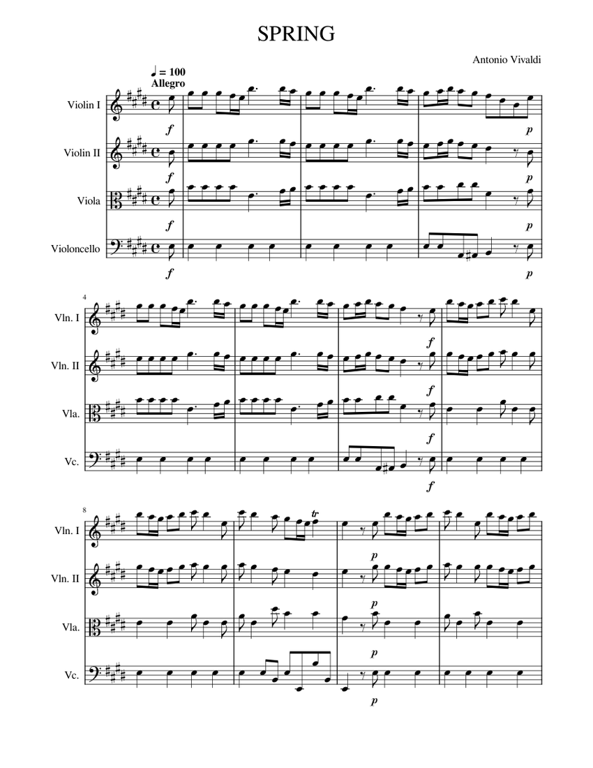 Vivaldi SPRING Sheet music for Violin, Viola, Cello (String Quartet ...