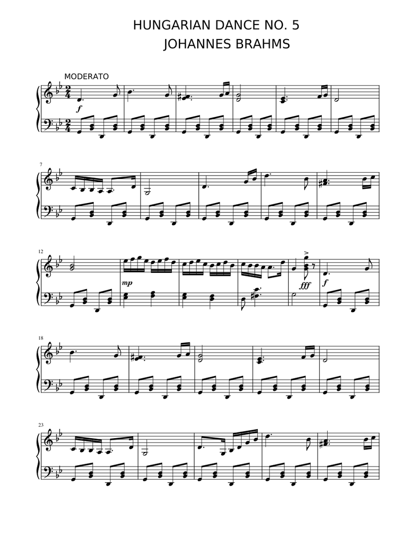 Hungarian Dance No.5 EASY version (Flowkey) Sheet Music for Piano (Solo ...