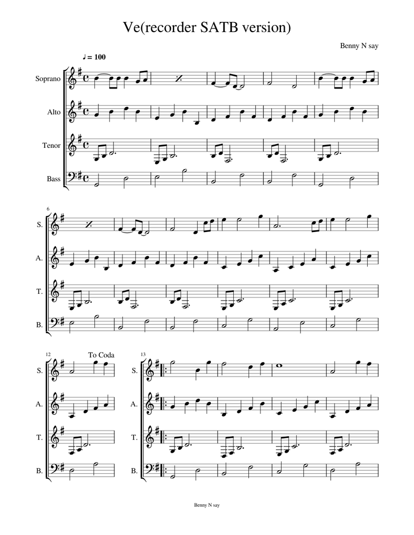 Ve(recorder SATB version) Sheet music for Bass guitar (Solo ...